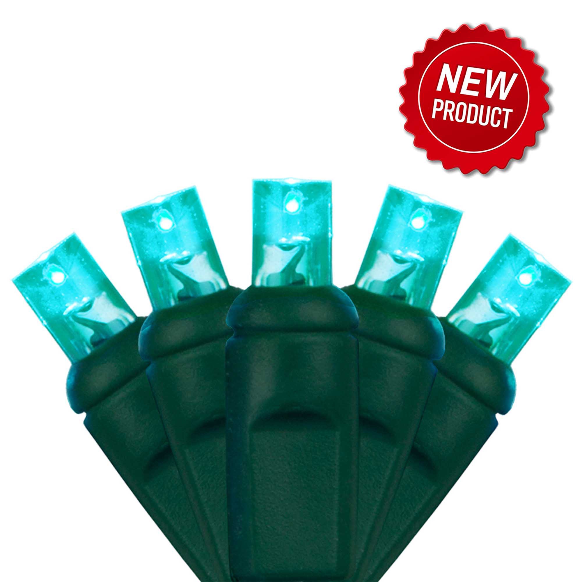5mm Wide Angle Teal LED Christmas Lights on Green Wire - Wintergreen ...